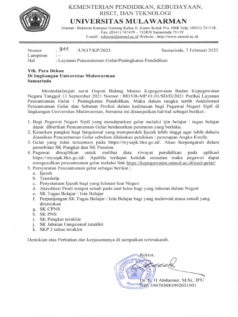 Surat Layanan Pencantuman Gelar Atau Peningkatan Pendidikan No. 944 - UN17 - KP - 2023 | PDF