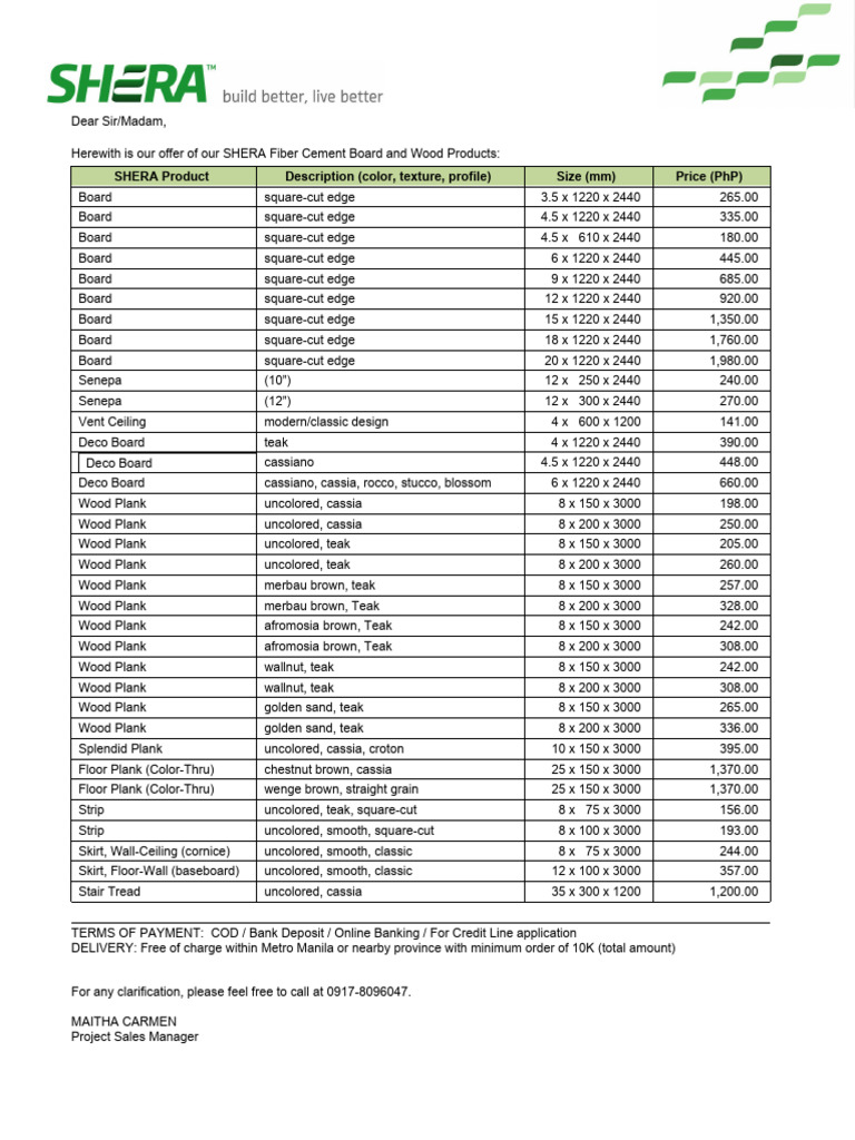 SHERA Board and Wood Products Pricing | PDF