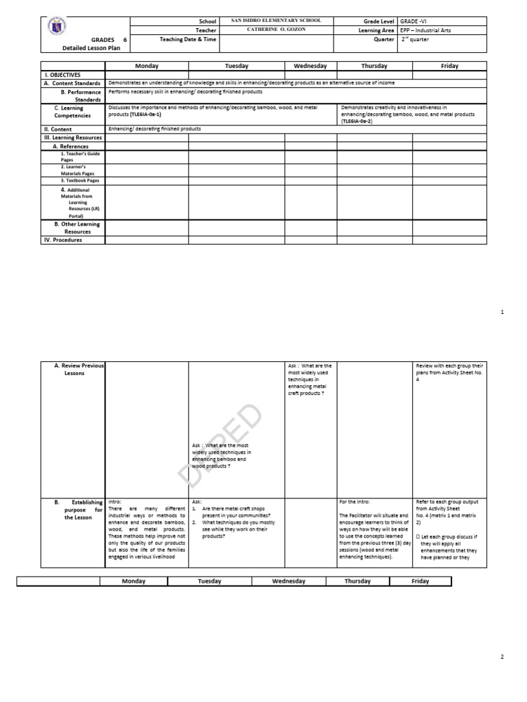 DLP Tle Ia Week 1 | PDF | Learning | Crafts