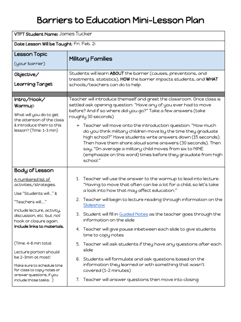 James Tucker - Barrier Mini-Lesson Plan Template On 2024-02-02 07 26 54 | PDF | Teachers ...