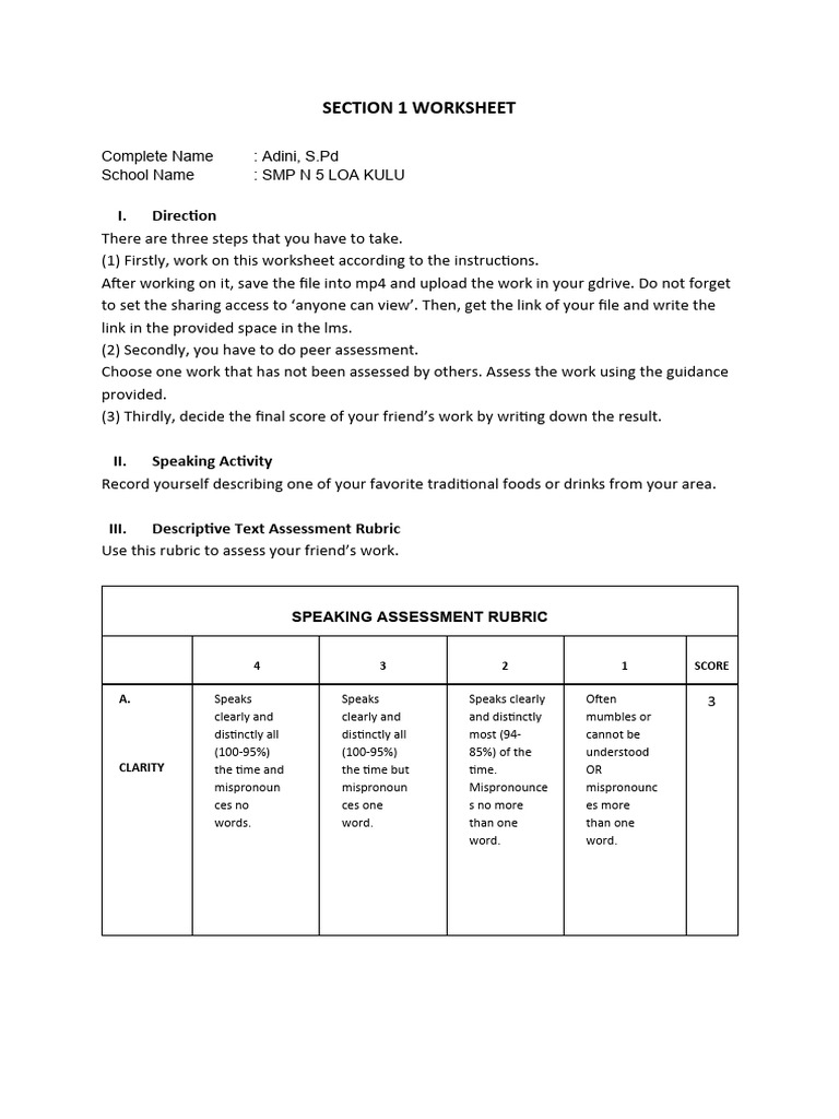 Section 1 - V. Worksheet LMS RUBRIC | PDF | Human Communication ...