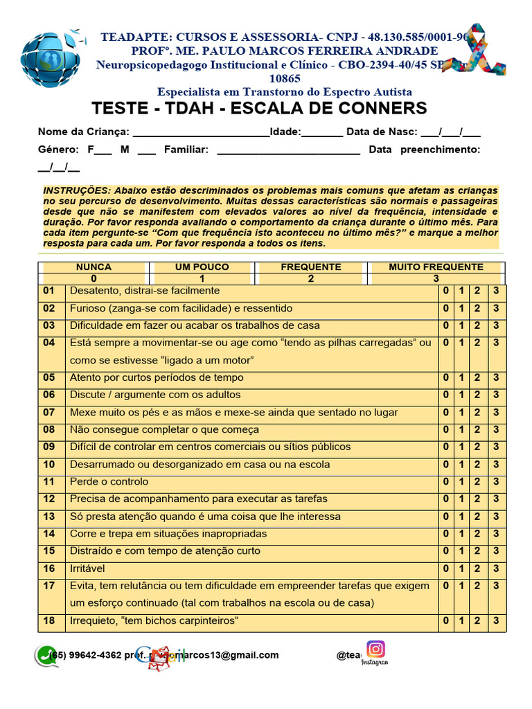 Avaliação TDAH: Escala de Conners para Crianças | PDF | Transtorno de ...