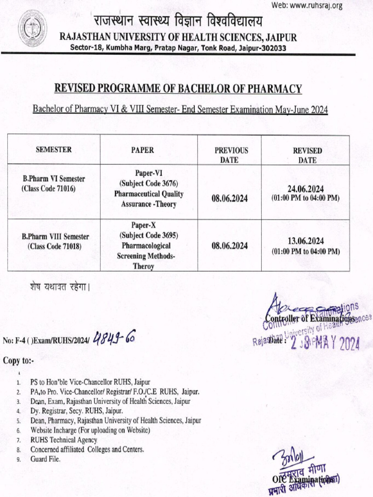 Revised B. Pharmacy VI VIII Sem. End Sem. Exam May June 2024 6074 | PDF
