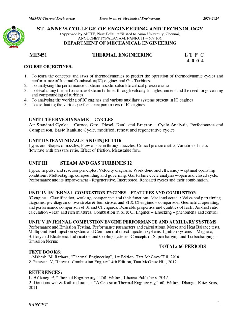 Thermal Engineering Course Guide | PDF | Internal Combustion Engine | Diesel Engine