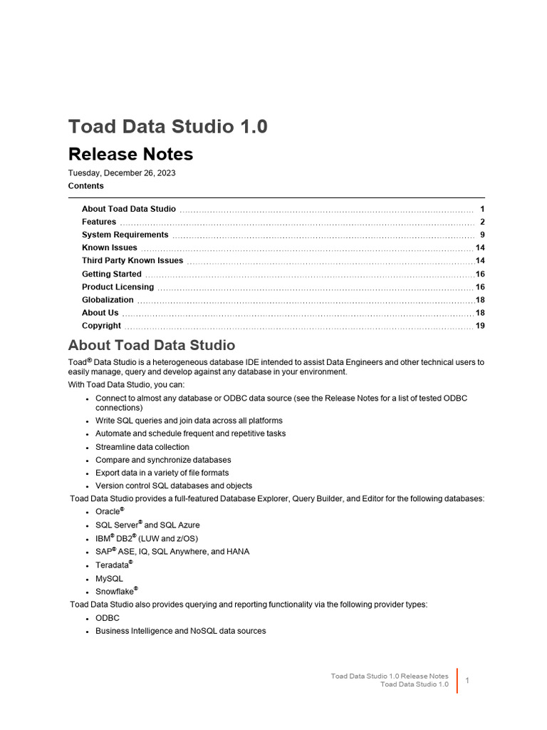 ToadDataStudio 1.0 ReleaseNotes | PDF | Ibm Db2 | Databases