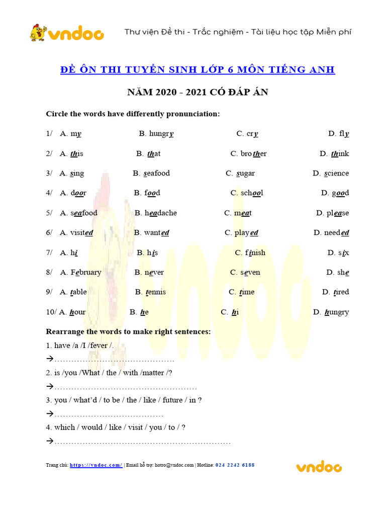 De Luyen Thi Vao Lop 6 Mon Tieng Anh Nam 2020 2021 | PDF | Vietnam