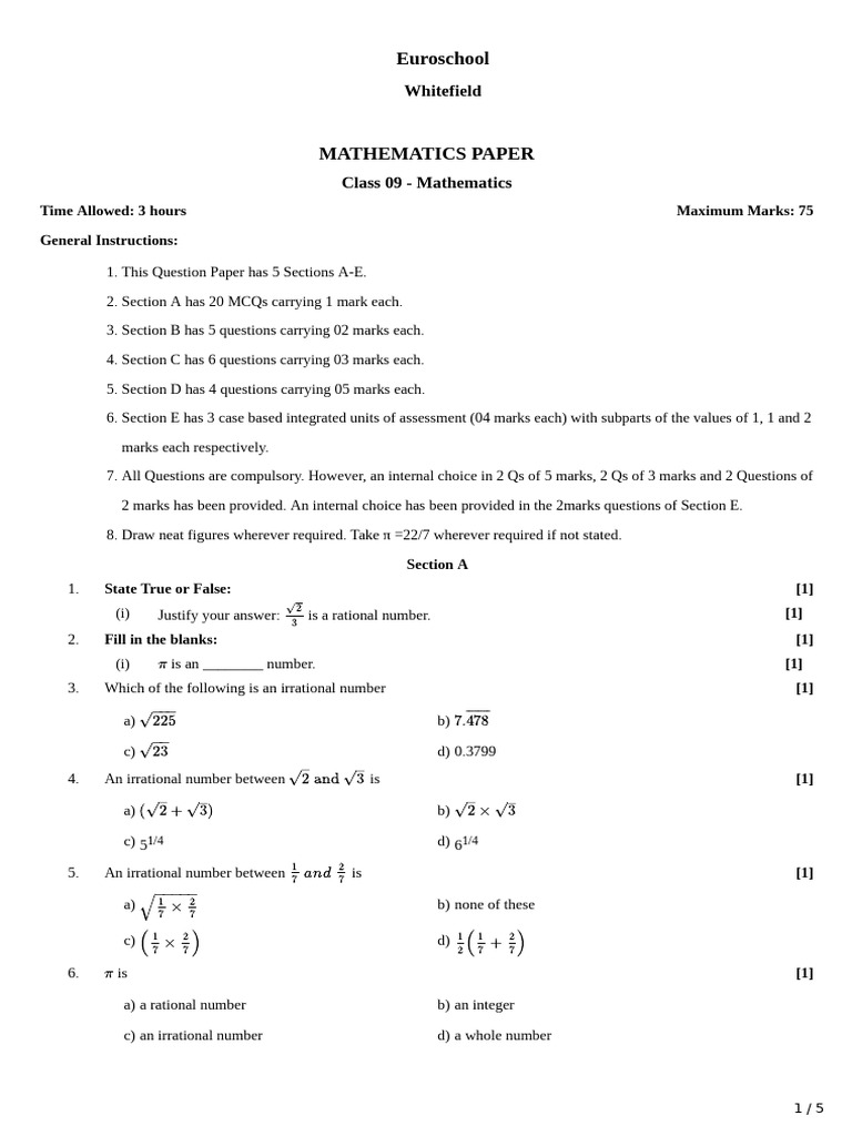 Question Paper For Chapter 1 Irrational Numbers | Download Free PDF ...