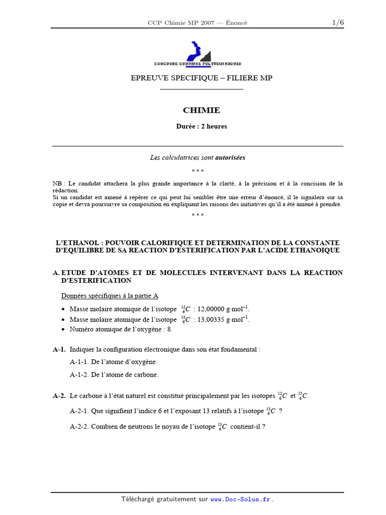 MP CHIMIE CCP 1 2007.enonce | PDF | Équilibre chimique | Ph