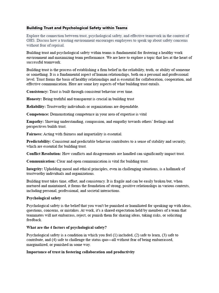 Building Trust and Psychological Safety Within Teams | PDF | Psychology ...