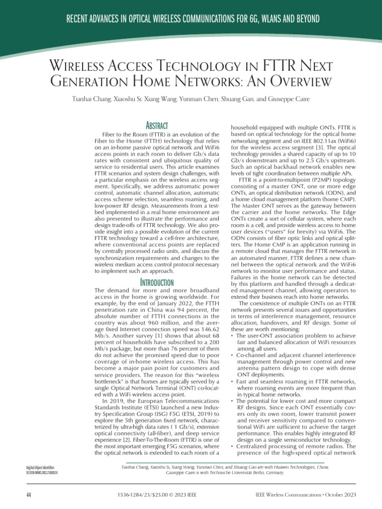 Wireless Access Technology in FTTR Next Generation Home Networks An ...