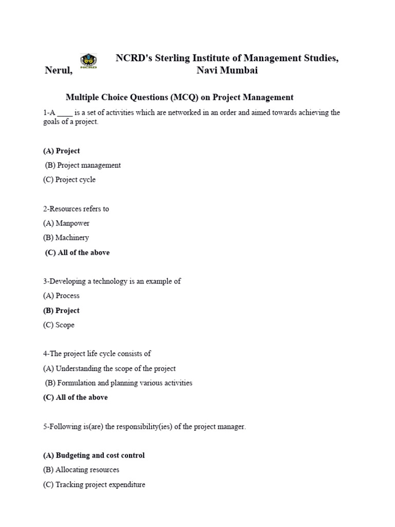 PM REVISED Multiple Choice Questions Today | PDF | Project Management ...