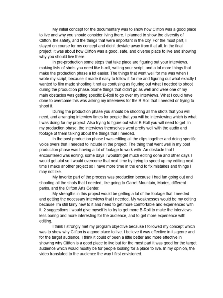 Self Reflection Paper - Clifton My Hometown | PDF