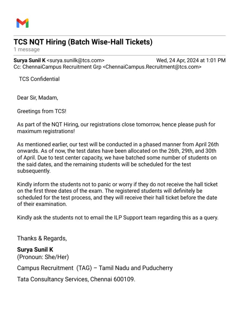 Gmail - TCS NQT Hiring (Batch Wise-Hall Tickets) | PDF