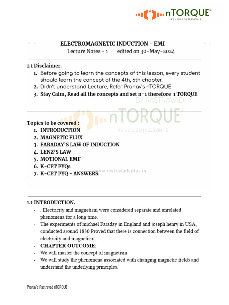 Emi - Kcet Notes | PDF | Electromagnetic Induction | Magnetic Field
