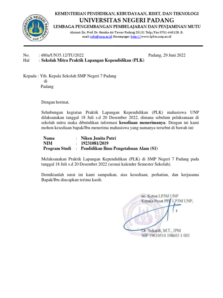 Surat Permohonan PLK Niken | PDF | Karier & Perkembangan | Kesehatan ...