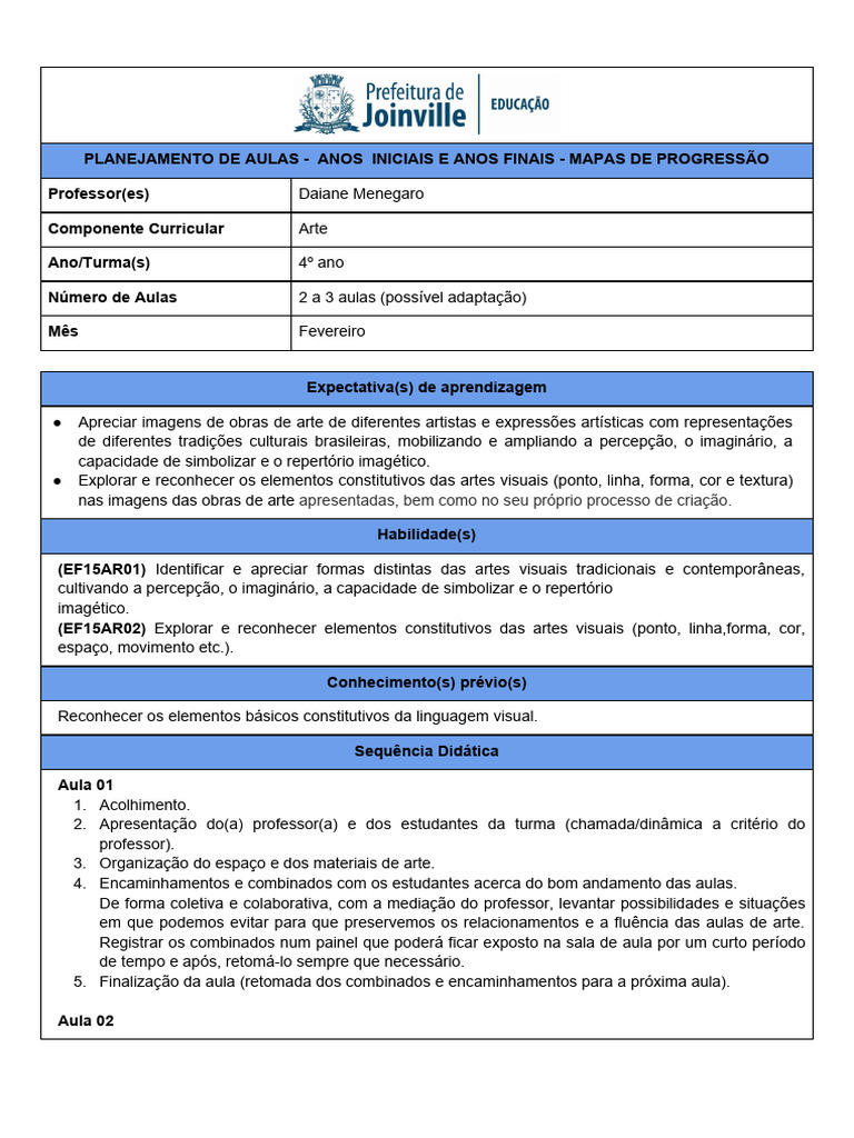 (Sugestão) Planejamento Arte - 4º Ano - Fevereiro | PDF | Imagem ...