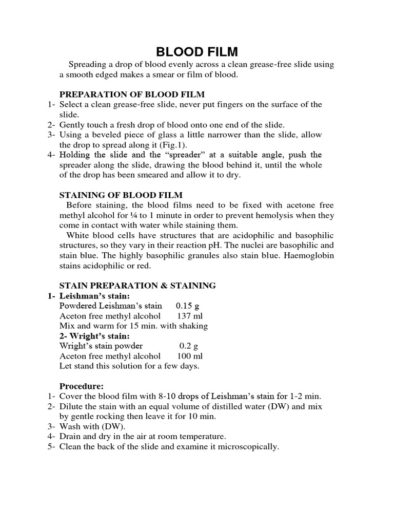 Blood Film Preparation and Staining Guide | PDF | Staining | Blood