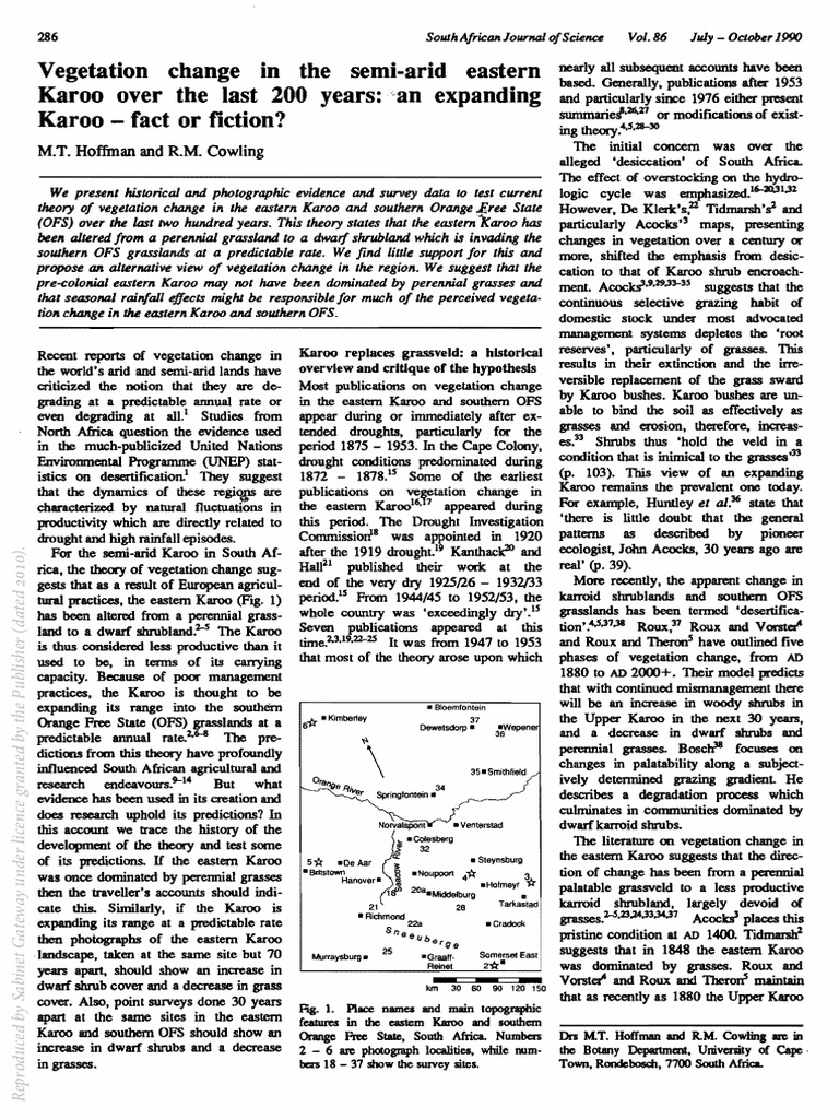 Hoffman and Cowling 1990 Vegetation Change in The Semi Arid Eastern Karoo Over The Last 200 ...