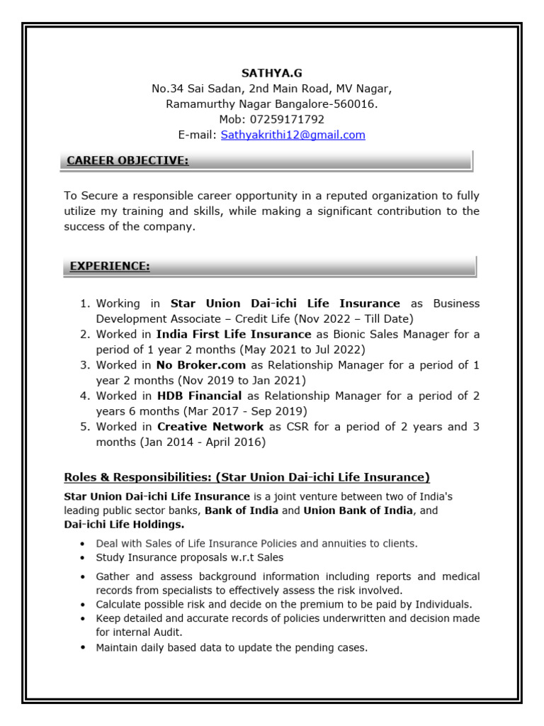 Sathya.g Resume | Download Free PDF | Insurance | Sales