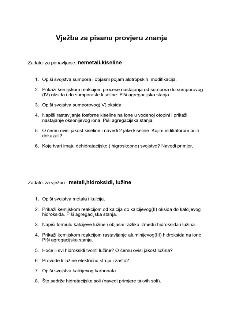 Ponavljanje Za Pisanu Provjeru 8r. - Nemetali, Kiseline, Metali, Hidroksidi, Lužine, Solii | PDF