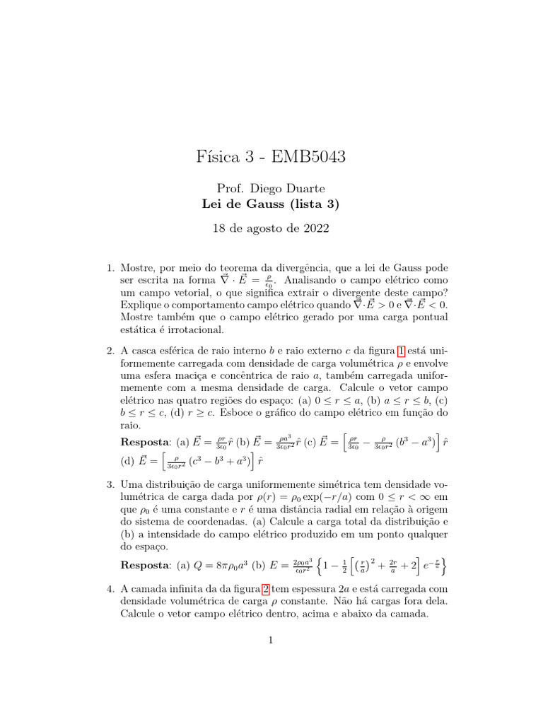 Lista 3 EMB5043 Fis3 | Download grátis PDF | Campo elétrico | Divergência