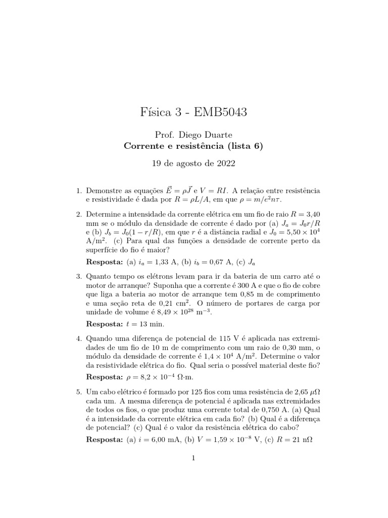 Lista-6-EMB5043-Fis3 | PDF | Eletricidade | Resistividade elétrica e condutividade