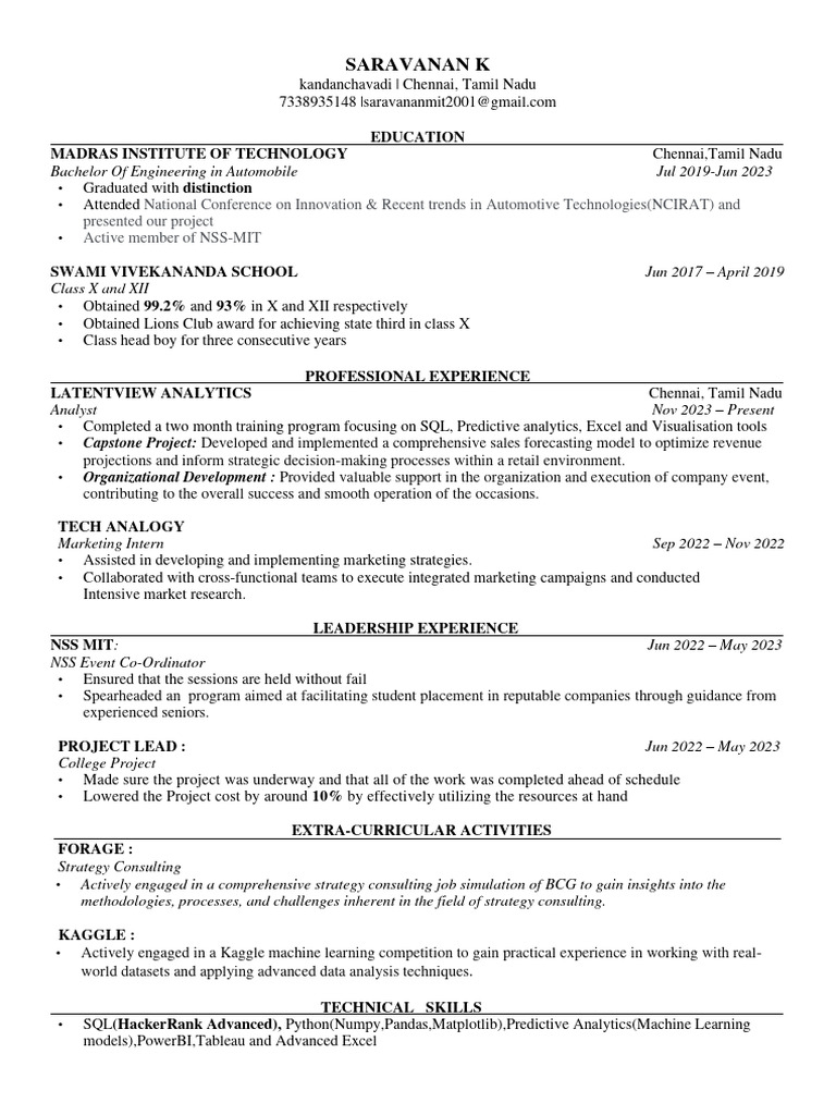 Saravanan CV | PDF | Analytics | Predictive Analytics