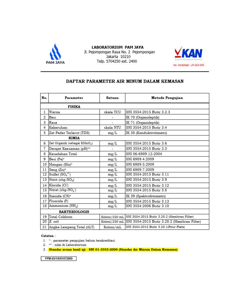 Parameter Uji Air Minum dan Sanitasi | PDF