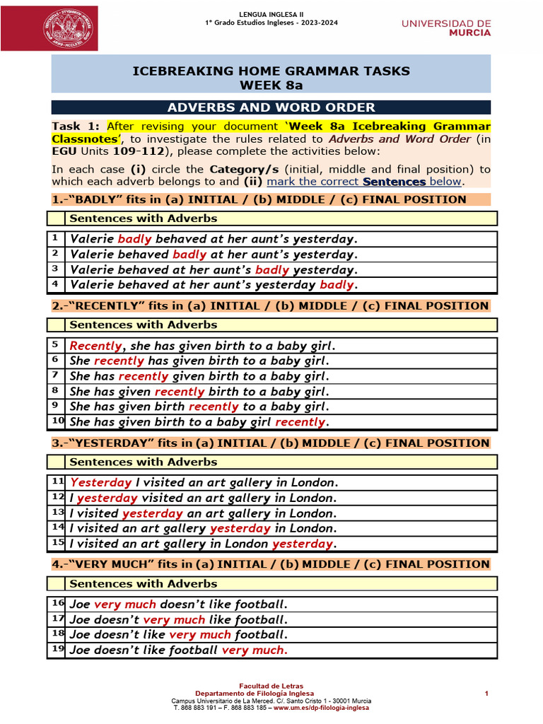 W8a Icebreaking Task - Adverbs and Word Order | PDF | Syntax | Semantic Units