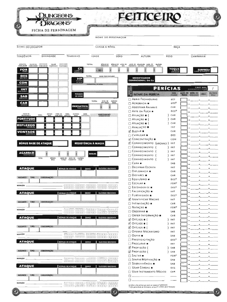 Kit Do Mestre D&D 3.5 Fichas de Personagem FEITICEIRO | PDF