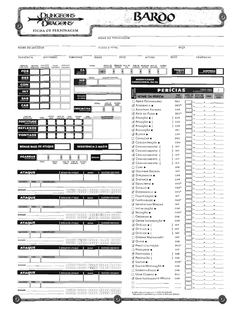 Kit Do Mestre D&D 3.5 Fichas de Personagem BARDO | PDF