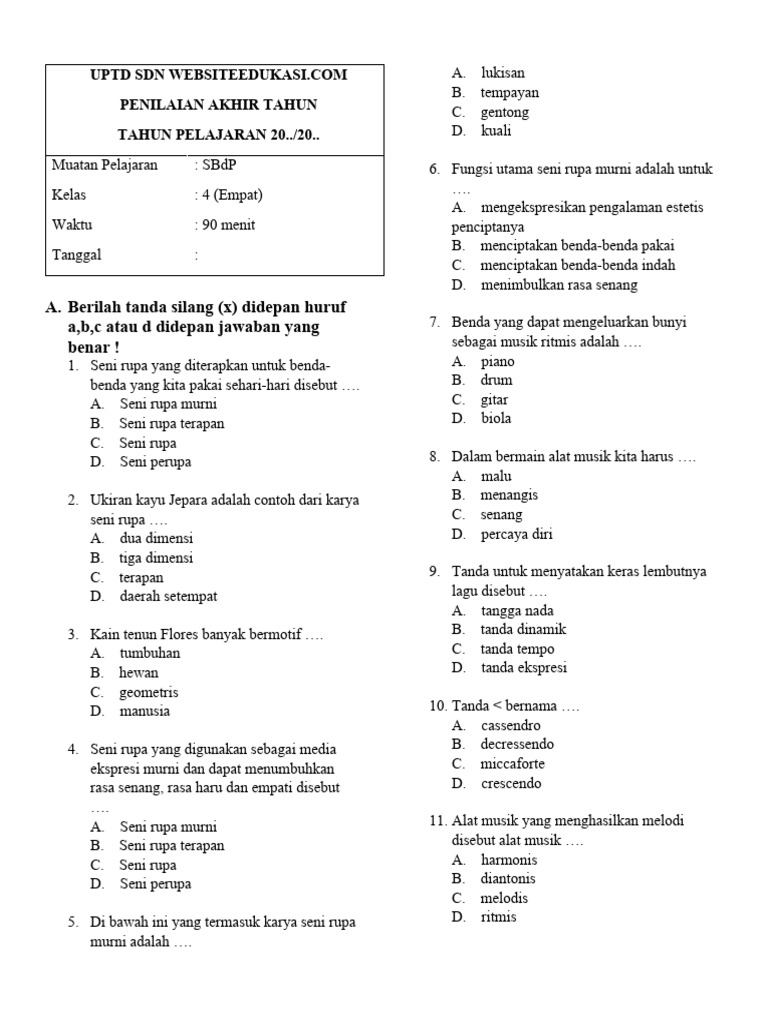 Soal PAT SBDP Kelas 4 | PDF