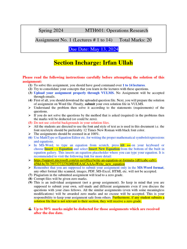 Assignment No.1 MTH601 - S24-Section Incharge-Irfan Ullah | PDF | Equations