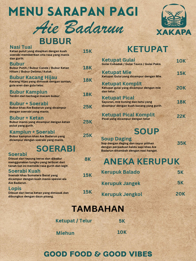 Menu Sarapan Pagi dan Resto XAKAPA | PDF