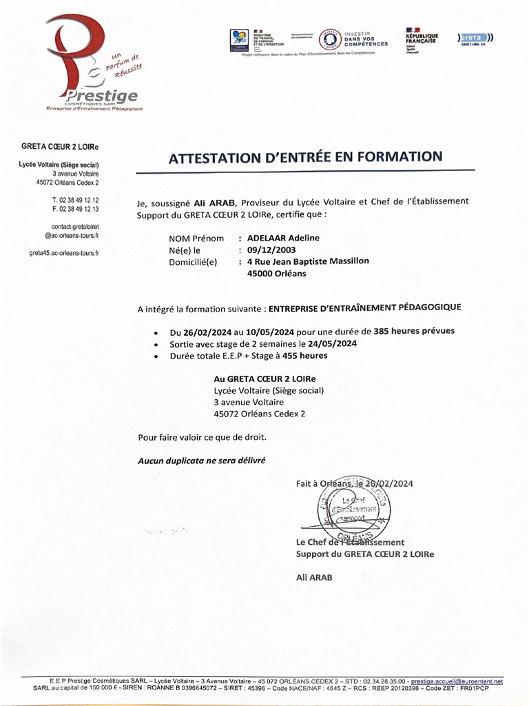 Attestation D'entrée en Formation | PDF Attestation D'entrée en Formation | PDF