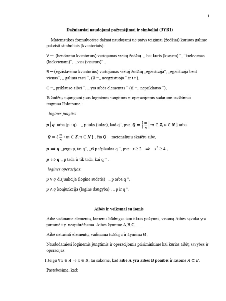 Pažymejimai Veiksmai Su Aibėmis Teoremu Struktura 2019 11 KL | PDF
