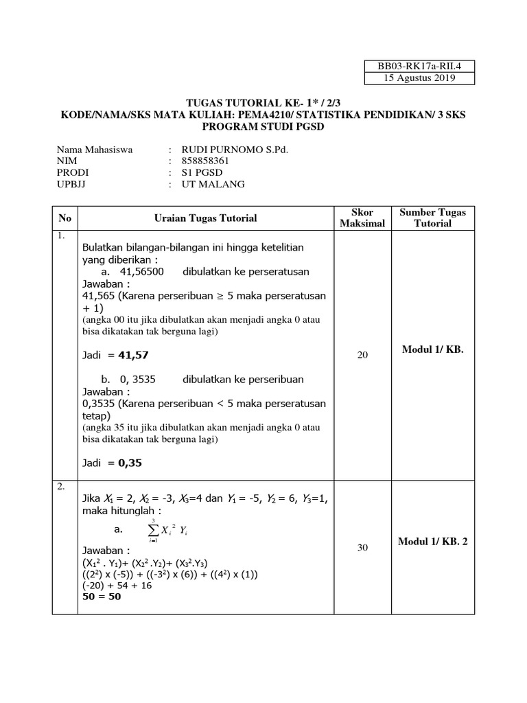 Tugas-Tutorial1 - Statistika Pendidikan - Rudi Purnomo 858858361 (PEMA4210) | PDF