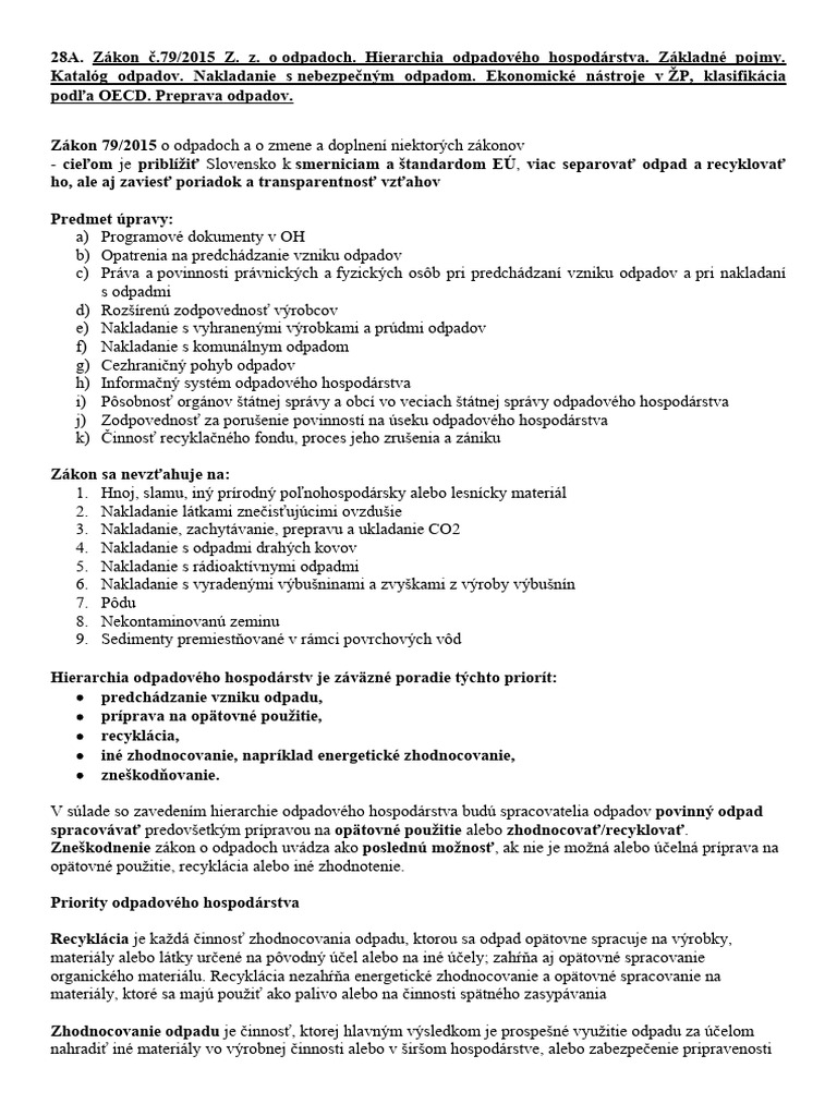 29 Zákon č.792015 Z. Z. o Odpadoch. Hierarchia Odpadového Hospodárstva. Základné Pojmy. Katalóg ...