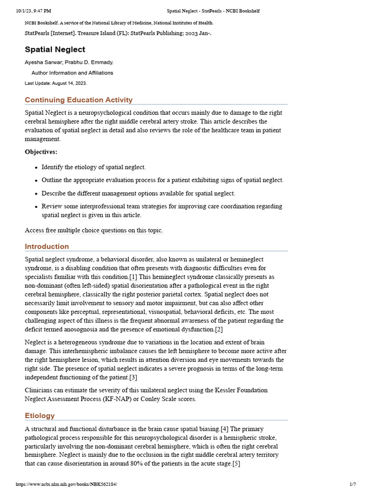 Spatial Neglect - StatPearls - NCBI Bookshelf | PDF | Cerebral Cortex | Parietal Lobe