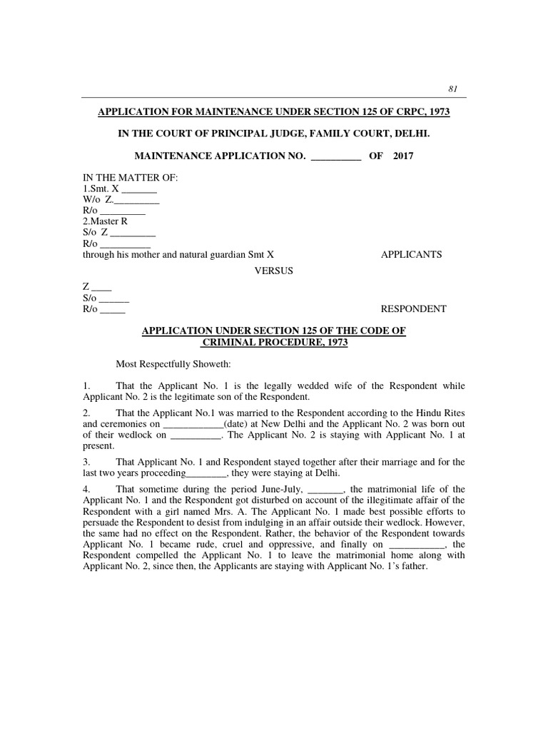Maintenance Application Under CRPC 125 | PDF | Marriage | Public Law