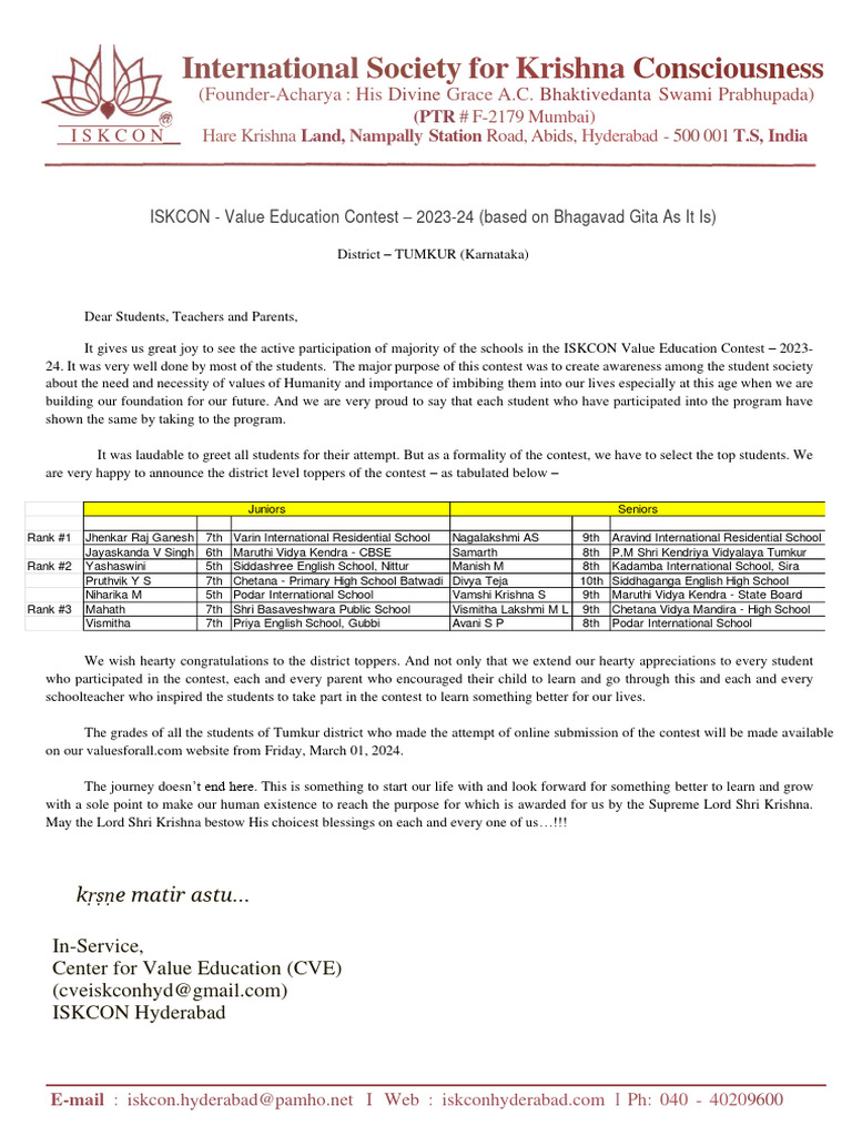 VEC 2023-24 @tumkur - DIstrict Topper Announcement | PDF | Bhakti Movement | Krishna