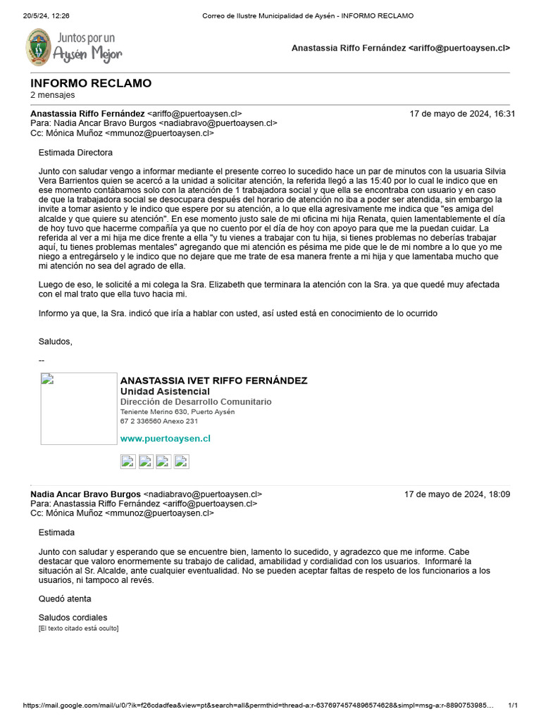 Correo de Ilustre Municipalidad de Aysén - INFORMO RECLAMO | PDF