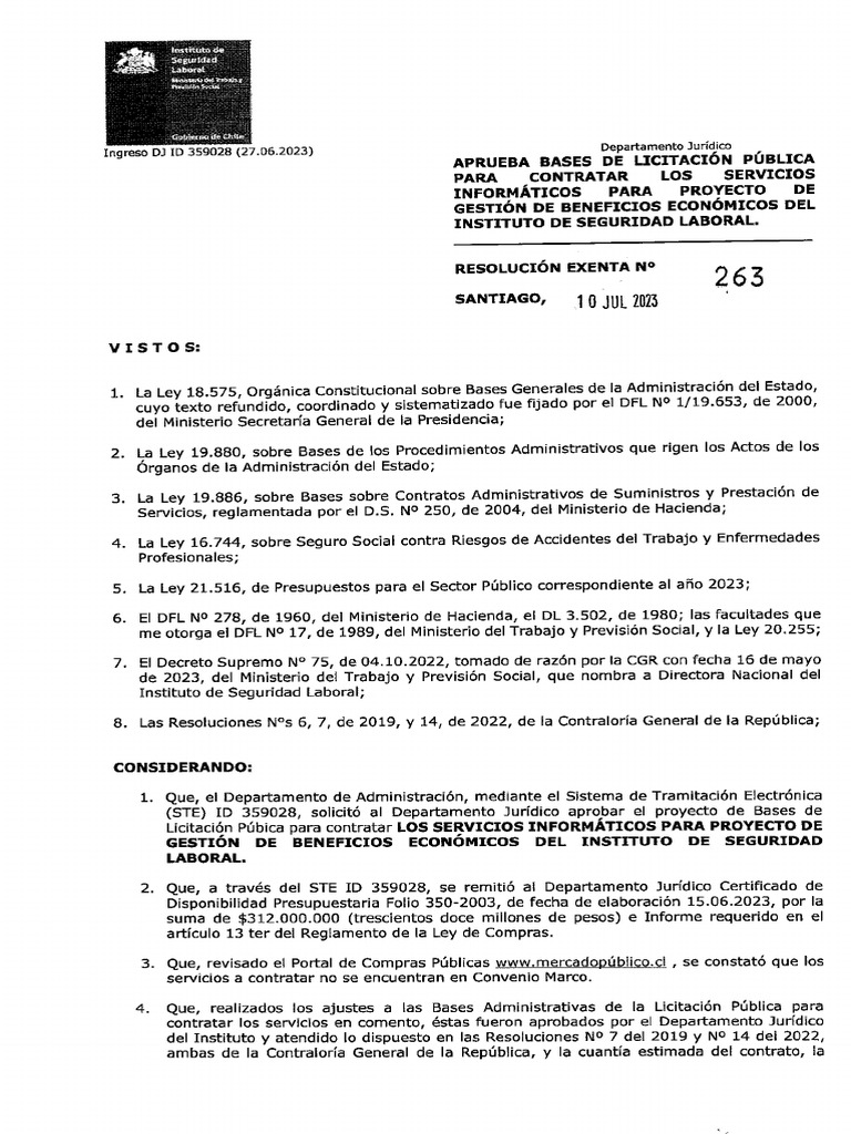 Rex 263 2023 Aprueba Bases de LP para Contratar Los Serv Informat | PDF