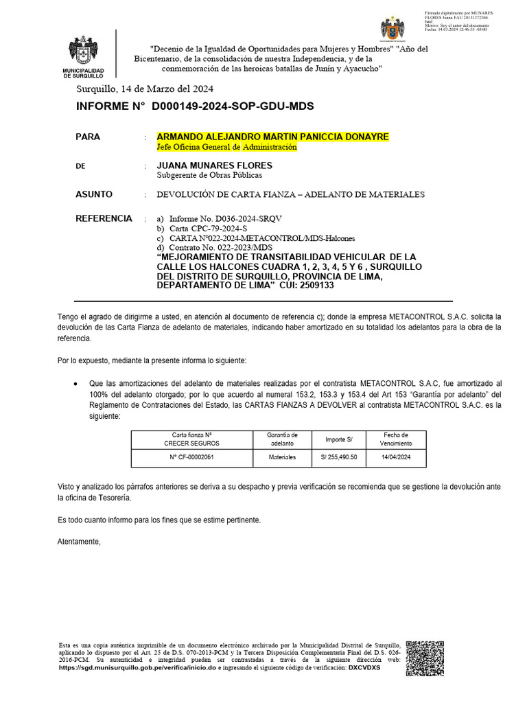 INFORME-devolucion Adelanto Materiales | PDF