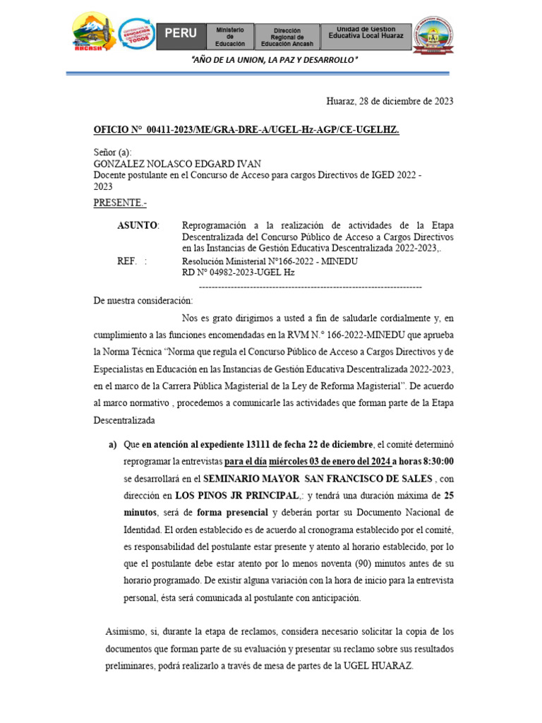 Oficio Reprogramacion Gonzales Nolasco | PDF | Gobierno