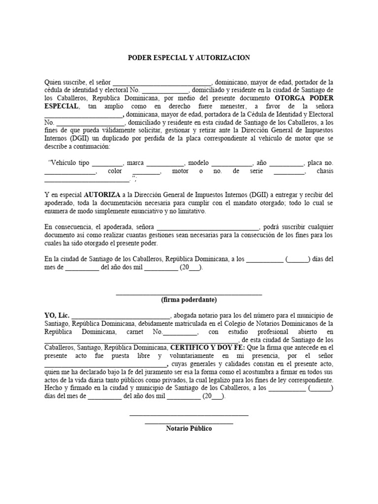 Modelo PODER ESPECIAL Y AUTORIZACION DGII Duplicado Por Perdida de PLACA | PDF | Documento de ...