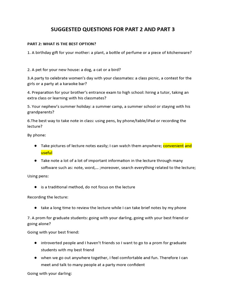 SUGGESTED QUESTIONS FOR PART 2 AND PART 3 Shiba | PDF | Healthy Diet