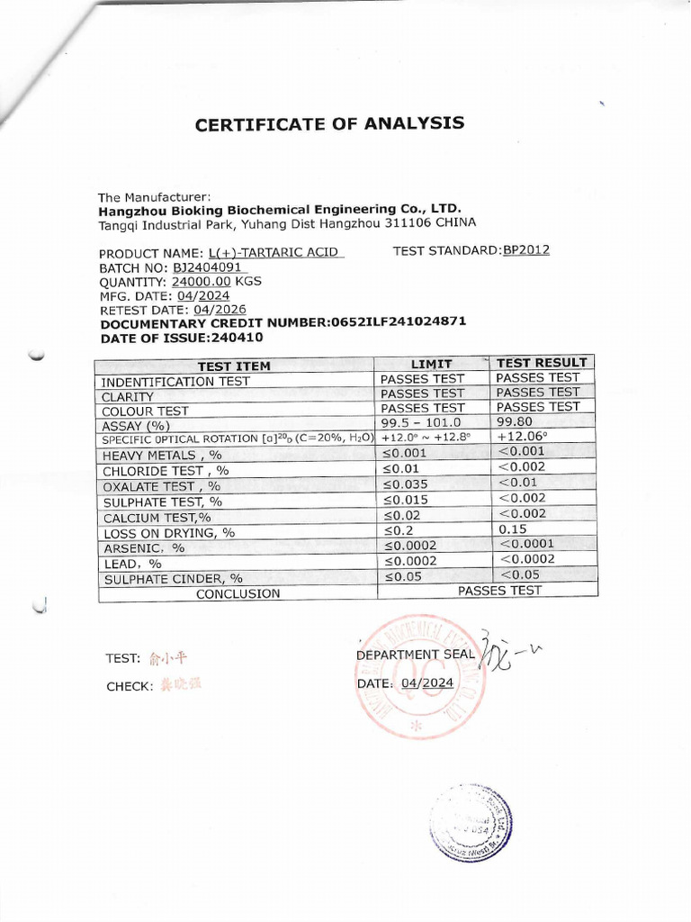 l+Tartaric Acid Coa | PDF