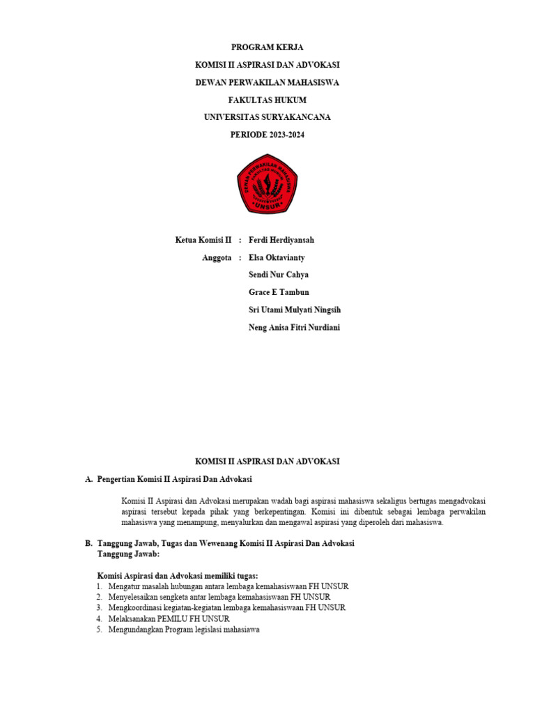 DPM PROGRAM KERJA KOMISI II ASPIRASI DAN ADVOKASI Fiks | PDF