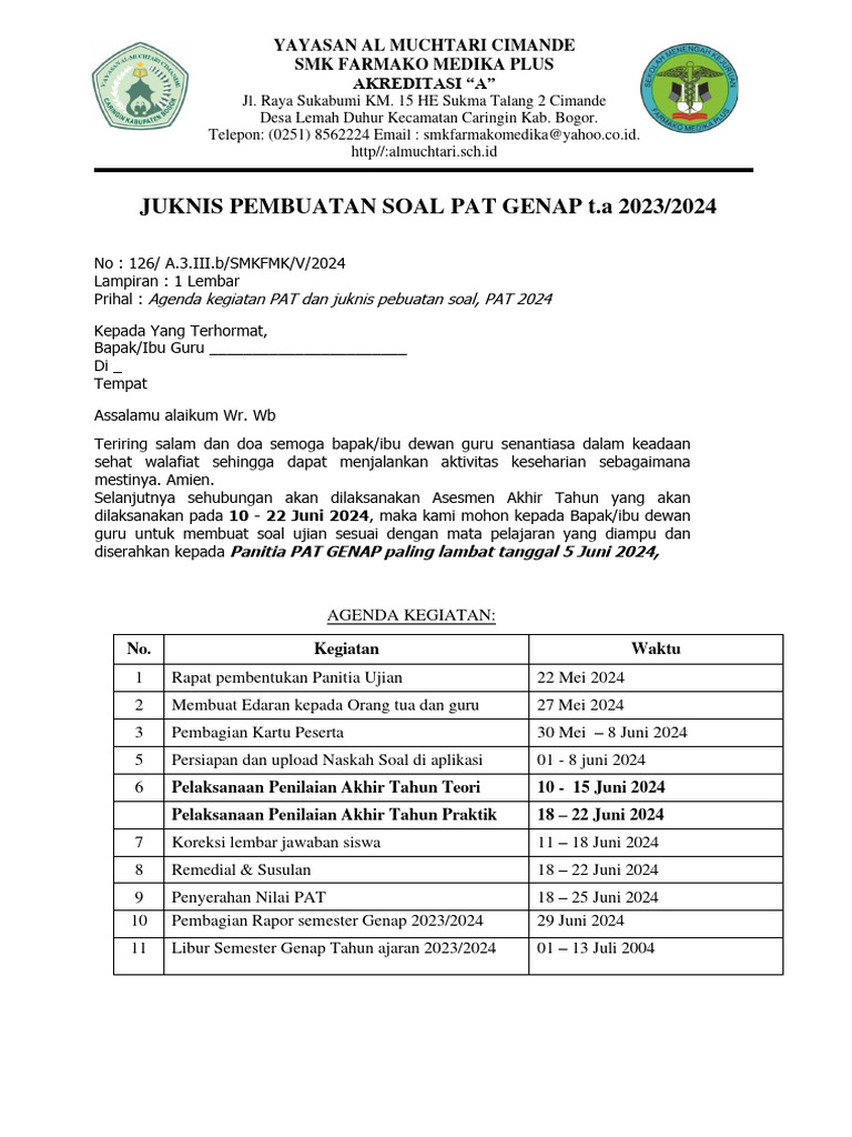 Juknis Pembuatan Soal Pat 2024 | PDF | Karier & Perkembangan